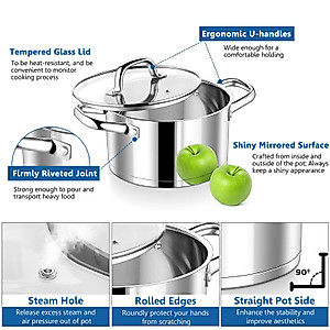 P&P CHEF 4qt Stainless Steel Stock Pot with Lid, Cooking Pasta Pot with Tri-Ply Base for Induction Gas Electric Stoves, Double Riveted Handles, Sturdy & Dishwasher Safe