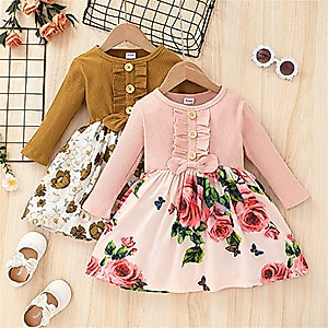 PATPAT Baby Toddler Floral Print Bowknot Dress Colorblock Round Neck Long sleeves Fall Dress for Girls 5-6 Years