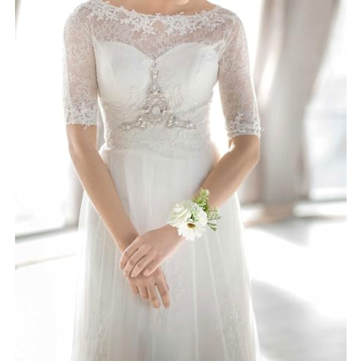 Jieowvhc Ivory White Rose Wrist Corsage for Wedding, Set of 6 Prom Flower Corsage Wristlet Wristband for Women Girls Bride Bridesmaid Artificial Rose Hand Flowers for Homecoming Ceremony Anniversary P