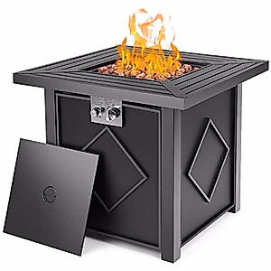 Gas Fire Pit Table, hOmeHua 28 inch Square Auto-Ignition Outdoor Propane Firepit with Cover and Lava Rock,Thick & Strong Striped Steel Tabletop,2 in 1 Fire Table for Patio/Backyard/Party/Deck (Black)