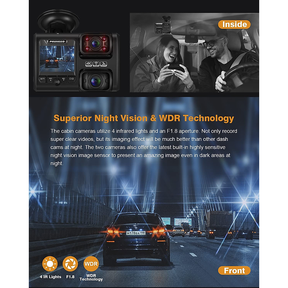 PRUVEEO Dash Cam, Front and Inside 1080P Dual FHD, Novatek Processor, Single-Channel 2160P, Built-in WiFi, 24H Parking Monitor, 2 Inch LCD Camera, 512 Gb Max, G-Sensor, Infrared Night Vision
