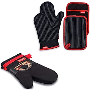 Coziselect Oven Mitts and Pot Holders Set, with Heat Resistance of Silicone, Flexibility of Pure Cotton and Terrycloth Lining, 500 F Heat Resistant, Black
