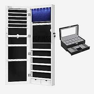 SONGMICS 6 LEDs Mirror Jewelry Cabinet and 12-Slot Watch Box Bundle, Wall Door Mounted Jewelry Armoire Organizer with Mirror and Watch Organizer, White and Black UJJC93W and UJWB012