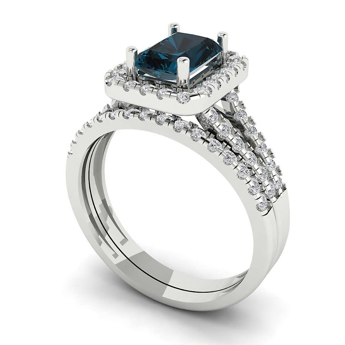Clara Pucci 1.54ct Emerald Round cut Engraving Pave Halo London Blue Topaz Wedding Anniversary Ring band set 14k White Gold Size 8.25
