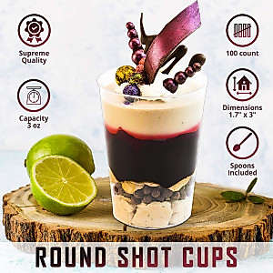 Round Shot Cups - 3 ounce - 100 Count - Spoons Included-Clear Plastic-Straight Wall Shot Glasses - Mini Cup - Dessert Cup - Tasting Sample - Party Shooters - Drink Shot Tumblers-Disposable or Reusable