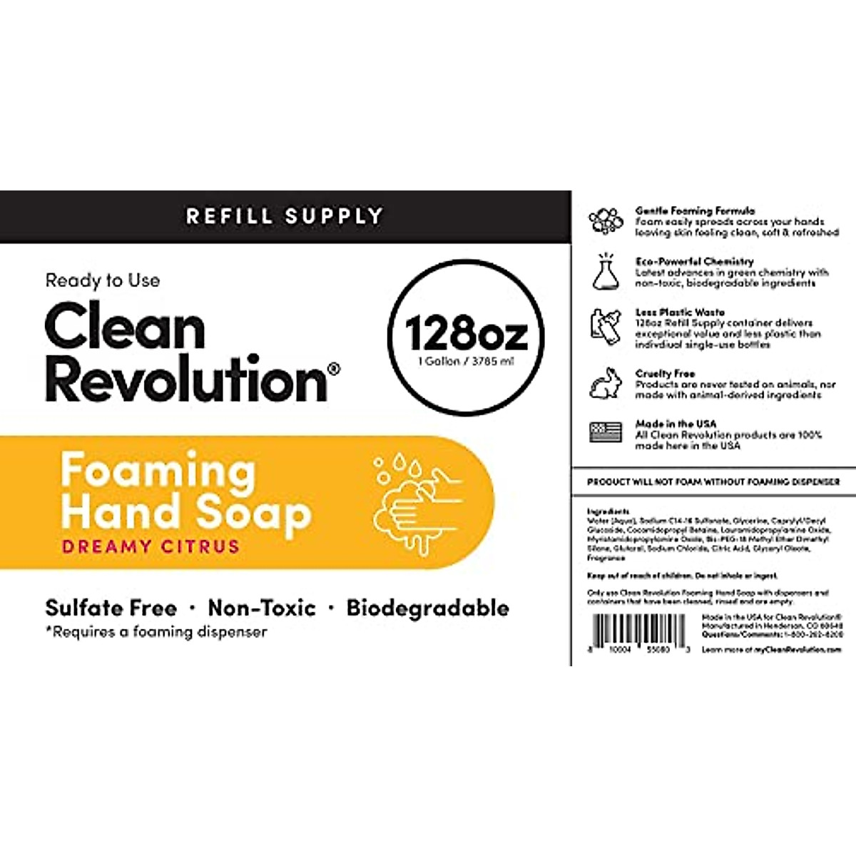 Clean Revolution Foaming Hand Soap Refill Supply Container, Ready to Use Formula, Dreamy Citrus Fragrance, Gluten Free, 128 Fl. Oz