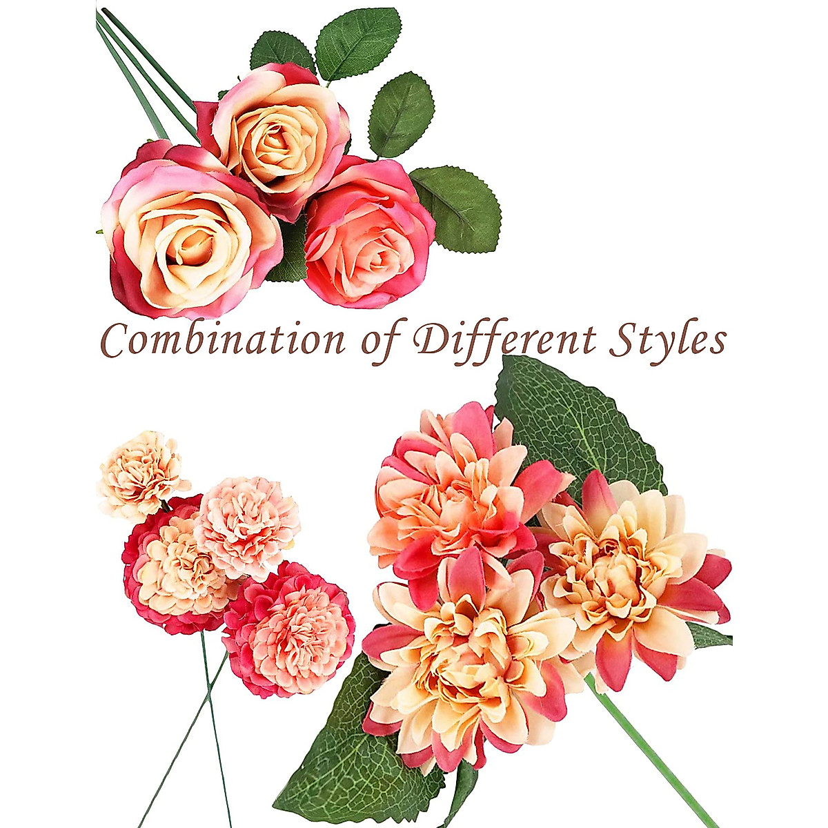 SUPICKET 1 Bunch 8 Pcs Artificial Rose Dahlia Daisy Flower Bouquet Bride Bridesmaid Holding Flowers for Home Hotel Office Wedding Party Garden Craft Art Decor, Red&Orange