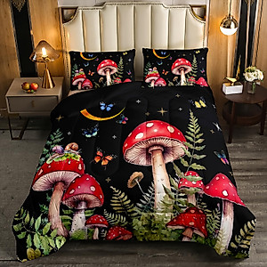 Erosebridal Twin Comforter Set for Girls Boys Kids Black Mushroom Bedding Set Kawaii Room Decor,Wild Fungus Plants Nature Comforter Set Star Moon Starry Sky Butterfly Bed Set 2Pcs