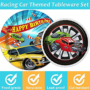 Tevxj 96 Pcs Racing Car Tableware Set Hot Car Birthday Dinnerware Disposable Plates Racing Car Plates Napkins Forks for Kids Boys Happy Birthday Party Decorations Supplies 24 guests