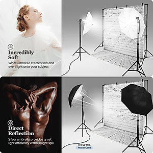Julius Studio White Wood Backdrop with LED 1600W 5600K Umbrella Lighting Kit, 10 x 10 ft. Backdrop Stand Frame with Length Adjustable, White & Black Umbrella Reflector JSAG355
