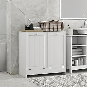 kleankin Tilt-Out 2-Compartment Laundry Hamper, Modern Clothing Storage Basket, Hamper Cabinet for Bathroom, Laundry Room, White