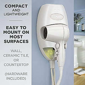 Conair Wall-Mount Hair Dryer, 1600W Hair Dryer with LED Night Light, Wall Mount Blow Dryer