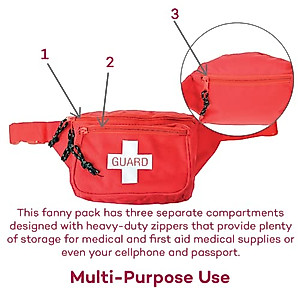Dealmed Lifeguard Fanny Pack with Logo, E-Z Zipper Design and 3 Pockets, Red Fanny Pack (Pack of 3), Includes Adjustable Waist Strap and Zipper Pockets