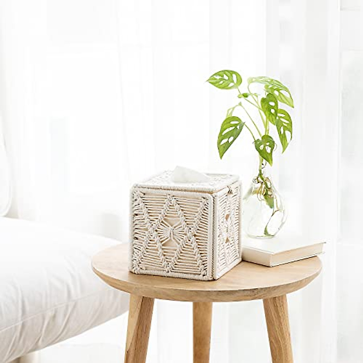 Dahey Over The Door Organizer with 4 Pockets Boho Door Closet Hanging Organizers and Storage and Tissue Box Cover Cube Macrame Tissues Holder Square