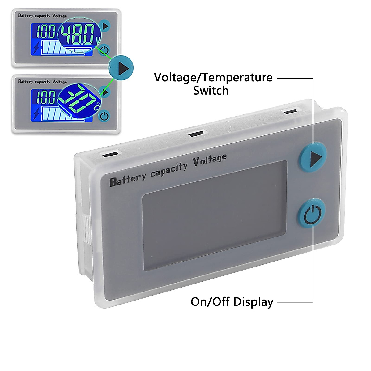 ALMOCN 10-100V Battery Monitor LCD 12V 24V 36V 48V Digital Battery Capacity Voltmeter Tester Percentage Level Voltage Temperature Monitor Meter with Cable