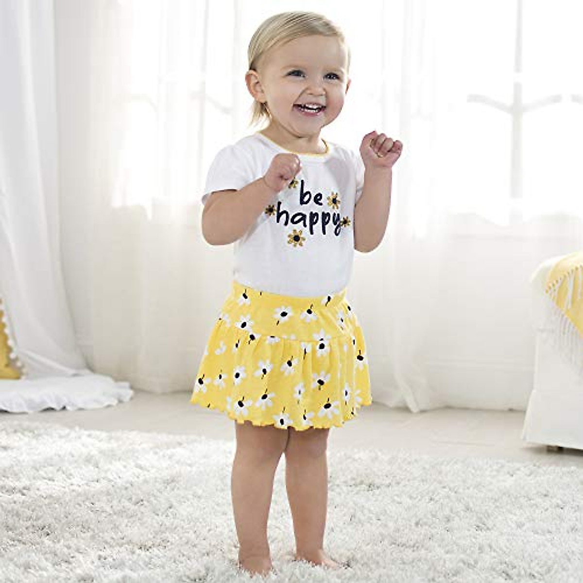 Gerber baby girls Toddler 4-piece Shirt, Onesie, Skirted Panty and Pants Set, Yellow Daisies T Shirts, 18 Months US