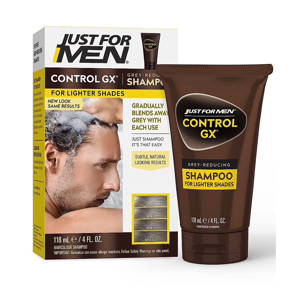 Just for Men Control GX Grey Reducing Shampoo for Lighter Shades of Hair, Blonde to Medium Brown, Gradual Hair Color, 4 Fl Oz - Pack of 1 (Packaging May Vary)