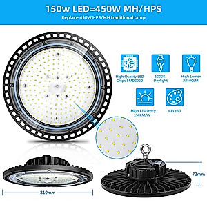 Super Bright UFO LED High Bay Light 150W 22500LM (150LM/W) for Shop/Garage/Barn/Warehouse/Factory/Gym, Daylight White 6000K-6500K, Alternative to 300W MH/HPS, 40in Cable, Safe Rope, IP65 (watts, 150)