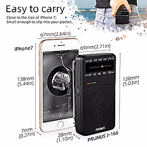 PRUNUS J-166 Portable Radio AM FM, Battery Operated Radio with Tuning Light, Back Clip, Excellent Reception for Indoor & Outdoor & Emergency Radio, AM FM Radio Portable, Transistor Radio