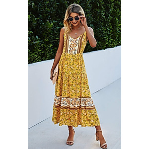 Angashion Women's Dresses Floral Adjustable Spaghetti Strap V Neck Boho Long Maxi Dress Summer Beach Flowy Ethnic Sundress 2141 Yellow Medium