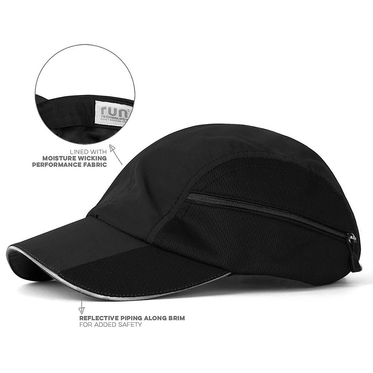 Gone For a Run Ultra Pocket Hat | Moisture Wicking and Reflective Run Hat | Black