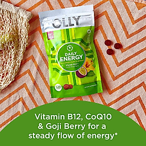 OLLY Daily Energy Gummy, Caffeine Free, Vitamin B12, CoQ10, Goji Berry, Adult Chewable Supplement, Tropical Flavor - 120 Count Pouch