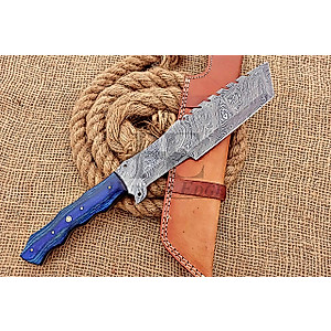 HUNTEX Unique Custom Handmade Hand-Forged Twist Pattern Damascus Steel 14 Inch Long Full Tang Pakka Wood Handle Razor Sharp Hunting Camping Tracker Knife with Genuine Leather Sheath