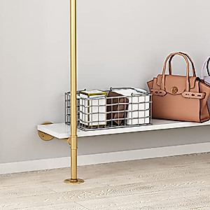 HOMEKAYT Industrial Pipe Clothing Rack Wall Mounted Garment Rack with 2-tier Wooden Shelves Vintage Hanging Rack for Bedroom, Living room-Gold