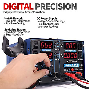 YIHUA 853D 2A USB SMD Hot Air Rework Soldering Iron Station, DC Power Supply 0-15V 0-2A with 5V USB Charging Port and 35 Volt DC Voltage Test Meter