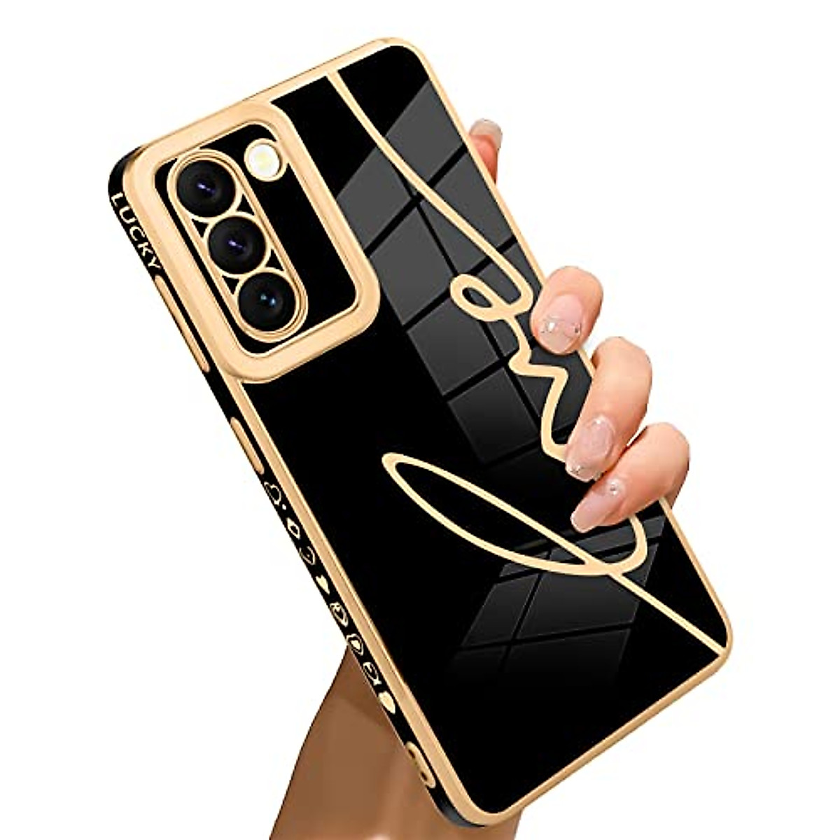 Bonoma Compatible with Samsung Galaxy S21 Case Love Letter Graphic Plating Electroplate Luxury Elegant Case Camera Protector Soft TPU Shockproof Protective Back Cover Galaxy S21 Case -Black