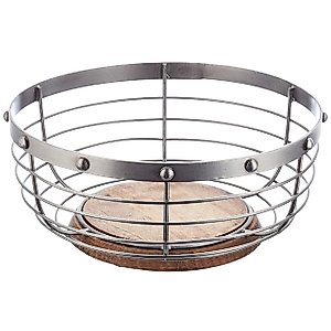 KitchenCraft Industrial Kitchen Vintage-Style Metal/Wooden Fruit Bowl, 28 x 12 cm (11" x 5") - Grey