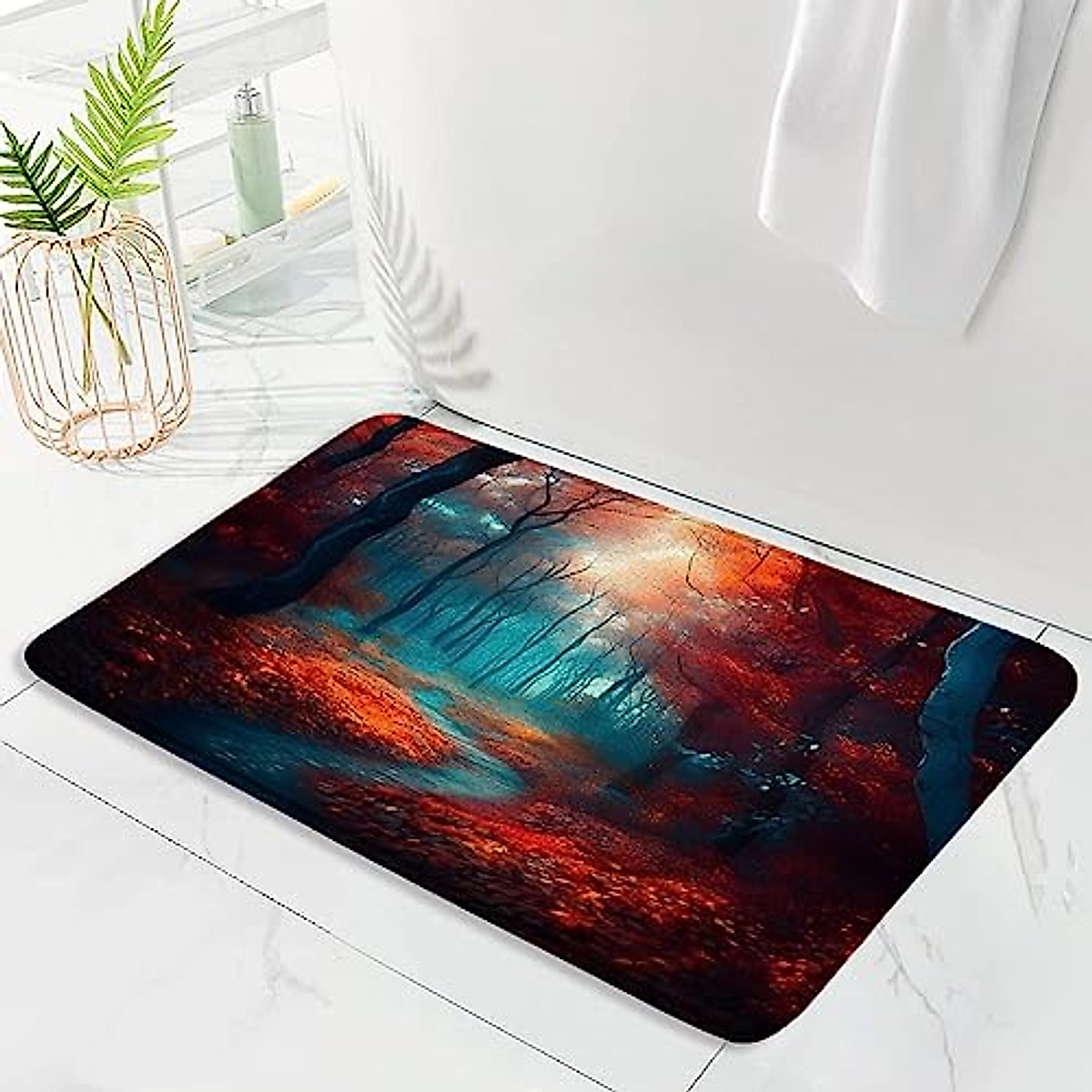 UAEAEX Halloween Bath Mat Misty Forest Blue Orange Red Natural Scenery Gothic Microfiber Memory Foam Bath Kitchen Living Room Foyer Decor Rug