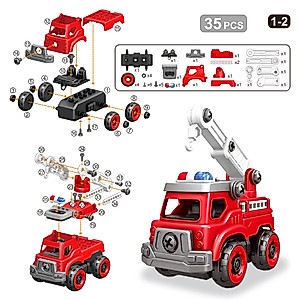4-in-1 Take Apart Toys Truck with Electric Drill, DIY Assembly Fire Truck Toy Vehicles, Kids STEM Building Educational Cars Toys, Birthday Gifts for Age 3 4 5 6 7 8 Years Old Boys Girls