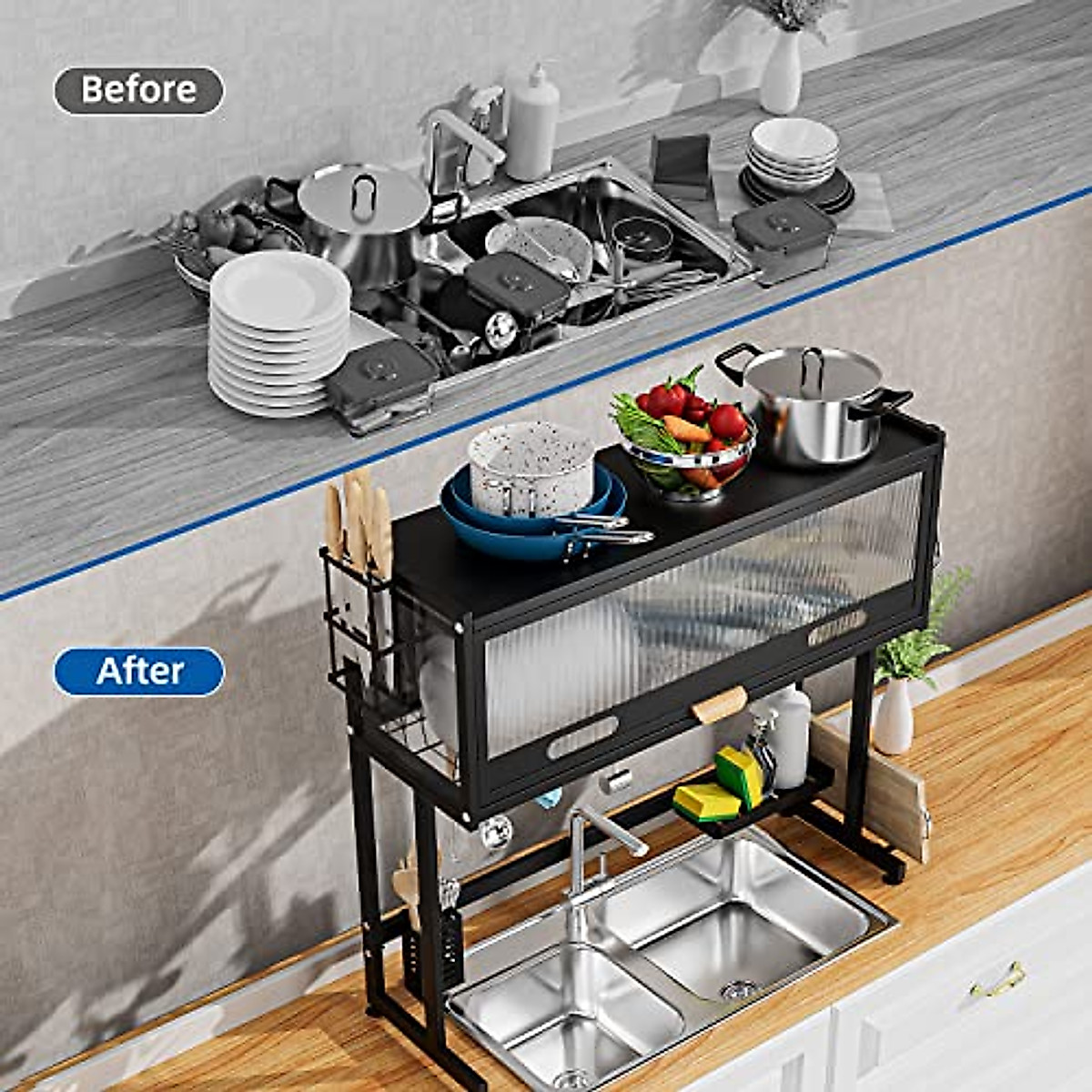 NETEL Over The Sink Dish Drying Rack, 2 Tier Clear Dustproof Cabinet Door Design and Stable Suction Cup Base for Space-Saving Kitchen Counter Organization (Black, 33.5 * 12.6 * 30.3 inches)