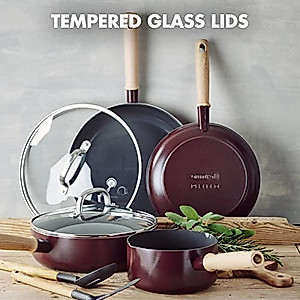 GreenPan Hudson Healthy Ceramic Nonstick, 8 Piece Cookware Pots and Pans Set, Vintage Wood Inspired Handle, PFAS-Free, Dishwasher Safe, Merlot Red