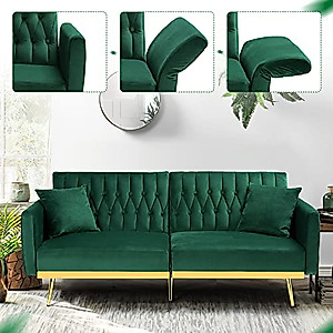 ACMEASE 70” Velvet Futon Sofa Bed w/Adjustable Backrests and Armrests, Convertible Futon Couch with Two Pillows, Modern Tufted Sleeper Bed for Living Room, Bedroom,Green