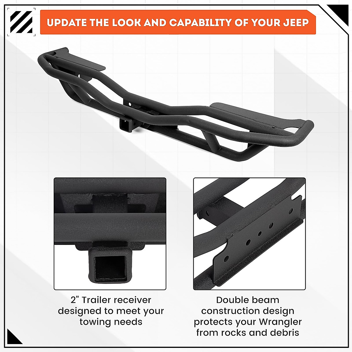 ECOTRIC Tubular Rear Bumper Compatible with 2007-2018 Jeep Wrangler JK W/ 2" Hitch Receiver Steel Rock Crawler Textured Black