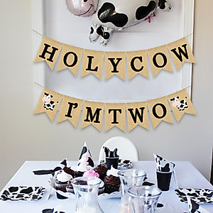 Holy Cow I'm Two Banner Farm 2nd Birthday Party Decoration Barnyard Burlap Garlands Western Boy Girl Second Birthday Supplies Black