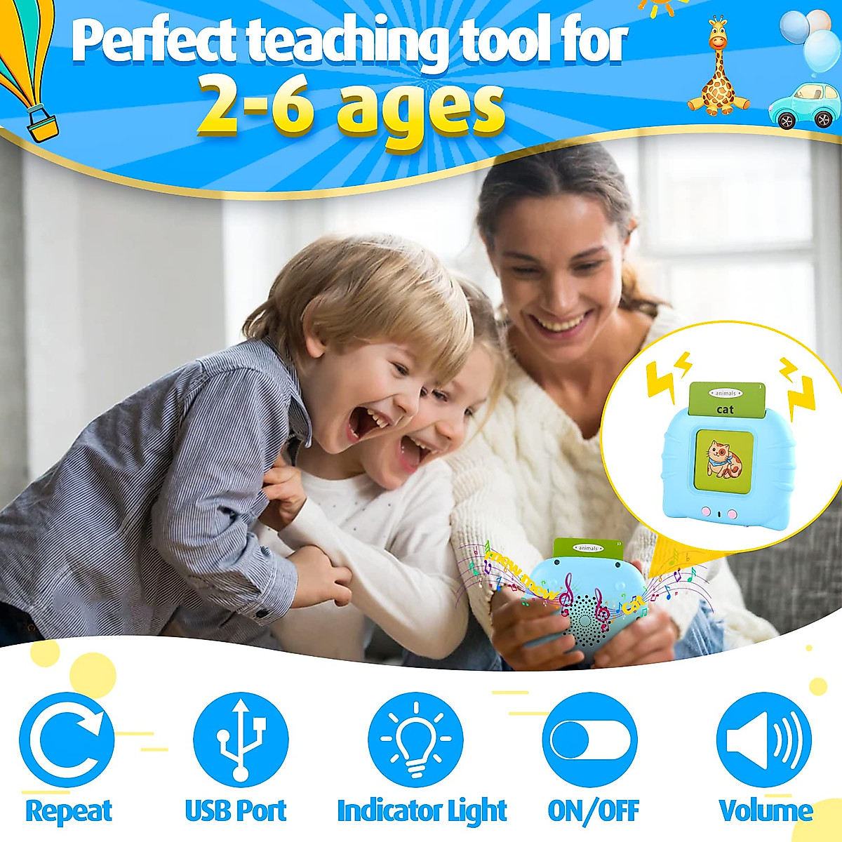 Talking Flash Cards 224 Words, Preschool Learning Toy for Toddlers, Educational Speech Therapy Toys for 2 3 4 6 Years Old Boys Girls, Birthday Gifts Preschool Reading Device for Baby Kids