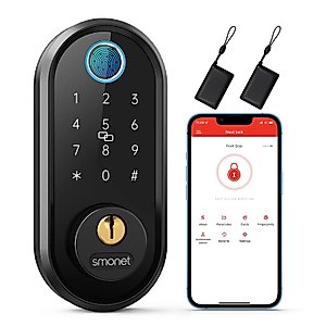 Smart Lock, SMONET Fingerprint Door Lock Smart Deadbolt Keyless Entry - Electronic Digital Keypad with Biometric Fingerprint, Smartphone App Auto Lock Bluetooth Keys Fobs Smartlock for Alexa, Home