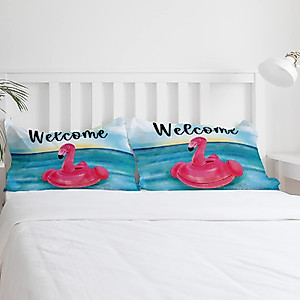 Queen Bedding Covers Set 4 Pieces, Pink Flamingos Soft Bedding Comforter Set, Welcome Summer Tropical Blue Beach All Season Bed Sheet Set with Duvet Cover, Fitted Sheet and Pillowcase