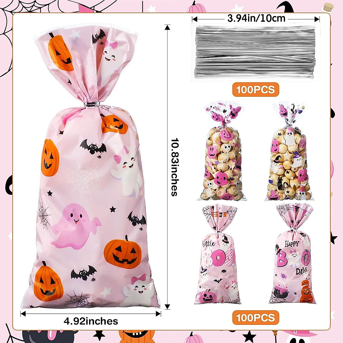 Yeaqee 100 Pcs Halloween Little Boo Baby Shower Favor Bags Pink Halloween Candy Treat Bags Bulk Little Boo Goody Gift Bags for Halloween Theme Kids Birthday Baby Shower Party Favors Supplies