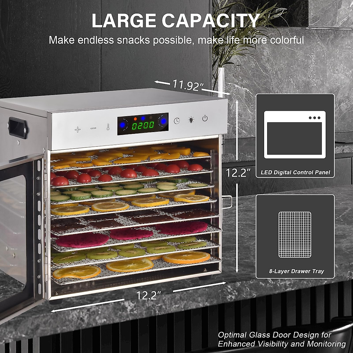HOPERAN Food Dehydrator, 8 Stainless Steel Trays Dehydrators for Food and Jerky, Herbs, Fruit, Dehydrator Machine with Digital Timer and Temperature Control, Overheat Protection, Recipe Book Included