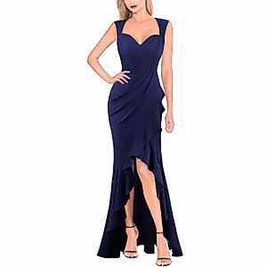 VFSHOW Womens Sexy Ruffle V Neck Ruched Formal Wedding Guest Prom Maxi Dress 2023 Sweetheart Evening Keyhole Back Sparkly HI-LO Gown (Navy Blue, X-Large) 0105C BLU XL