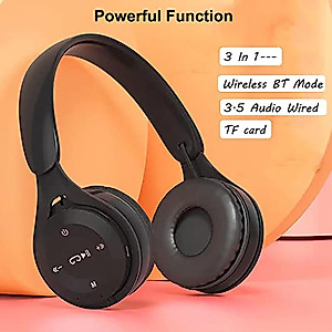 Kids Bluetooth Headphones, On-Ear Wireless Bluetooth 5.0 Headsets, Comfortable Protein Earpad & Folding Storage, Stereo Shock Bass Headphones with Mic for Learning Online Lessons Music Game (Black)