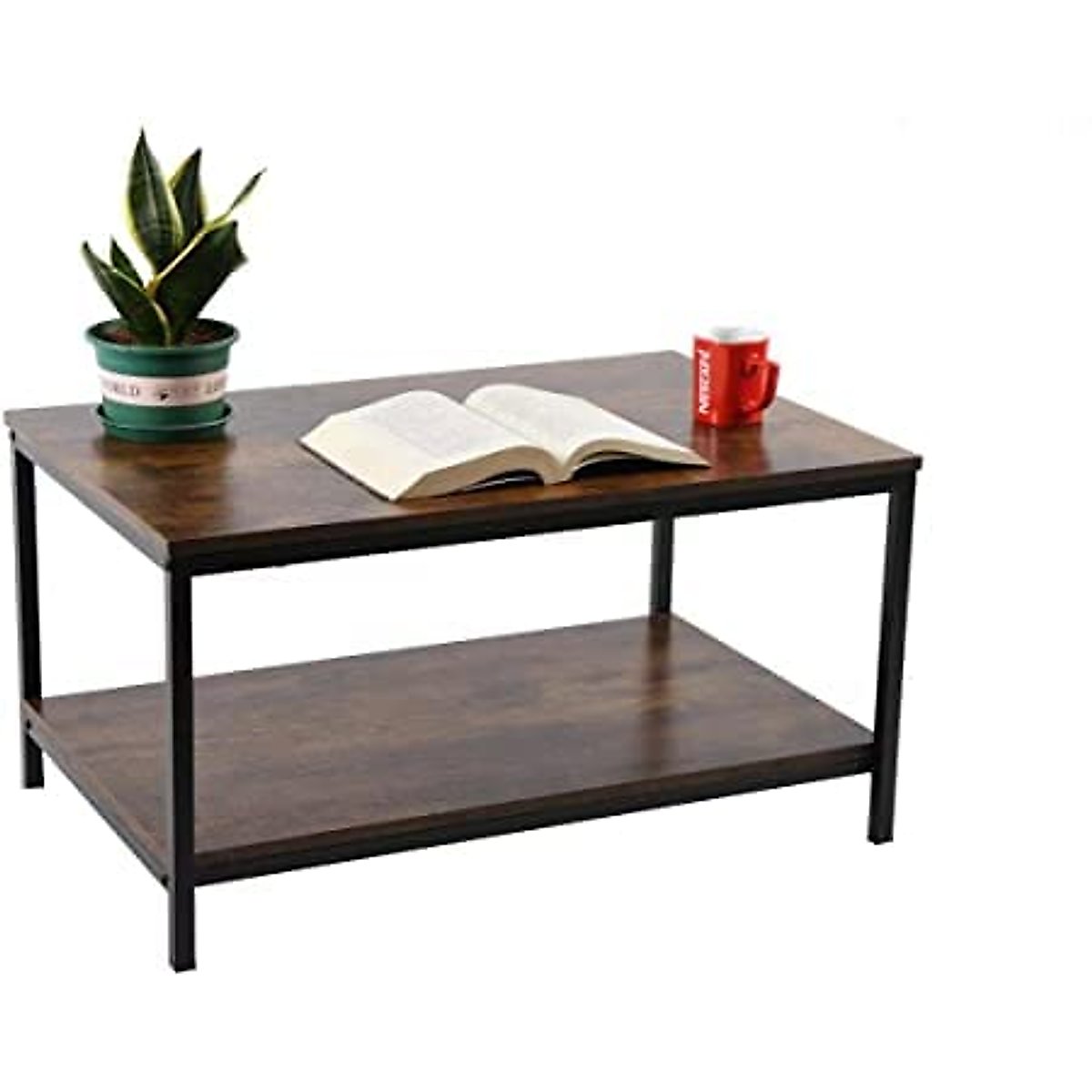 SENIG Coffee Table, Small Coffee Table for Living Room, Coffee Tables with Storage Shelf，Brown Coffee Tables for Small Spaces, Rectangle Wood Table Metal Side End Table, Center Table for Living Room