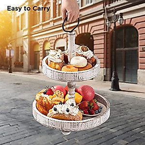 Farmhouse Two Tiered Wooden Tray Stand, UBTKEY 2 Tier Wood Round Decorative Tray with Metal Handle for Home Kitchen Seasonal Holiday Decorations, 17"x13" (Distressed White)