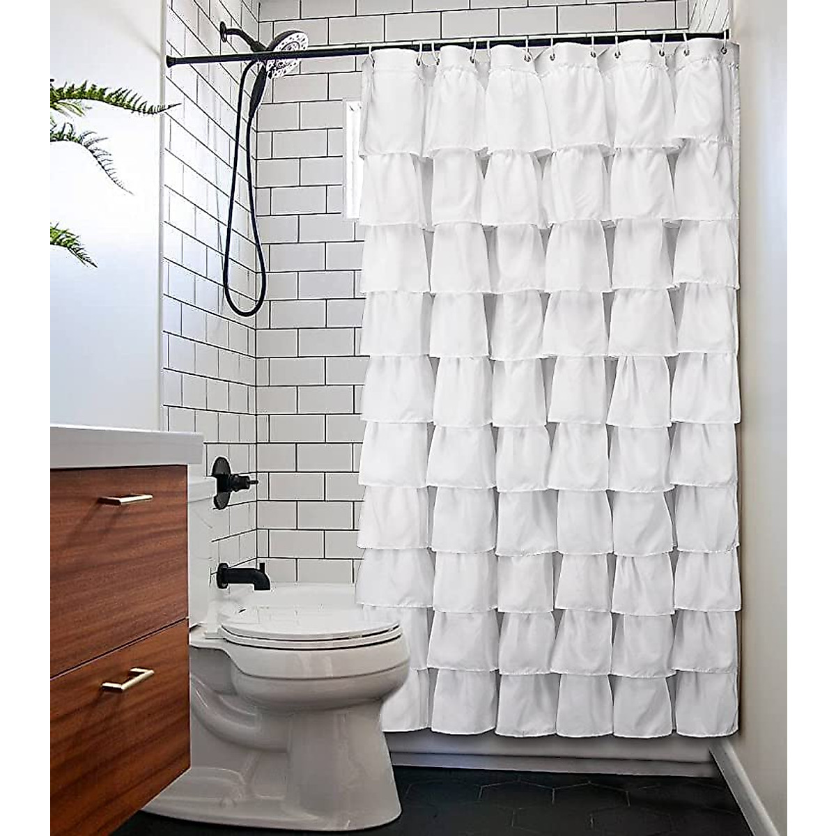 Volens White Shower Curtain Fabric/Ruffle for Bathroom,70in Long