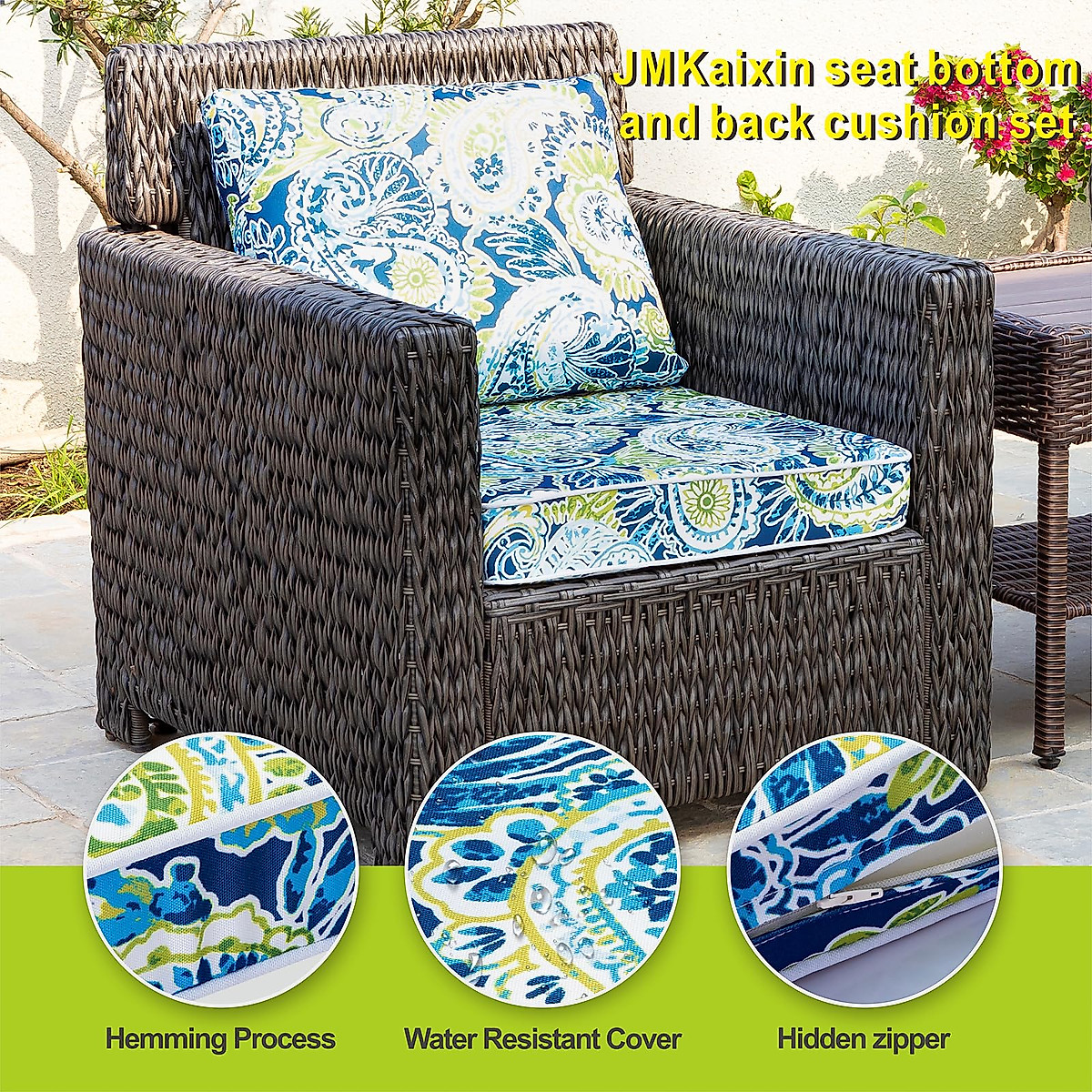 JMKaixin Outdoor Seat/Back Deep Chair Cushion Set for Patio Furniture - Lounge Chair Cushions with Zipper - Water-Resistant Patio Chair Cushions 22x22