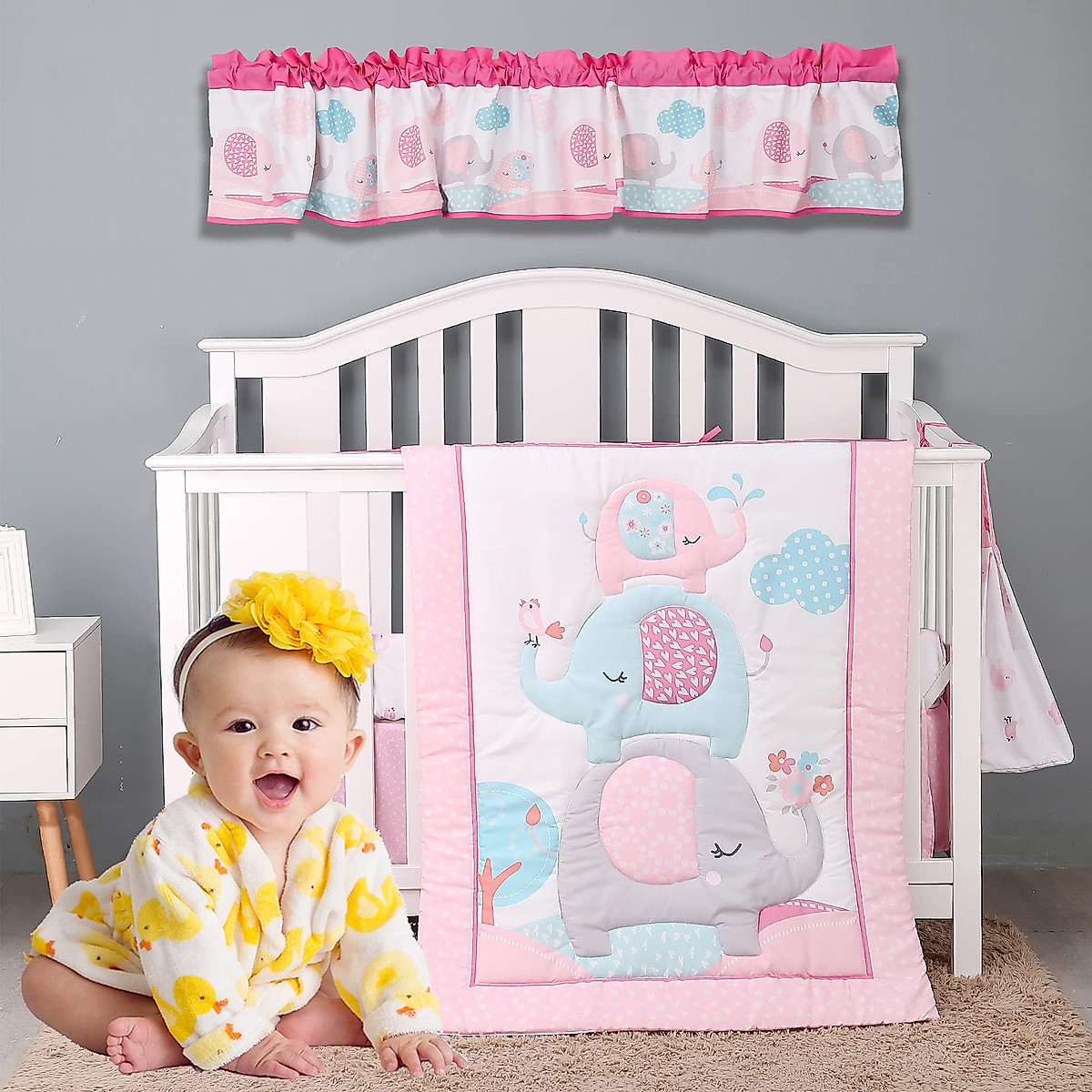 Brandream Pink Gray Elephant Crib Bedding Sets for Baby Girls | Nursery Set with Exotic Floral Design, 6 Pieces